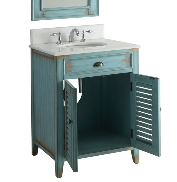 26 Inch Farmhouse Style Distressed Blue Bathroom Vanity With Marble To ...