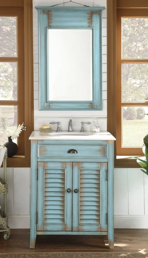 26 Inch Farmhouse Style Distressed Blue Bathroom Vanity With Marble To
