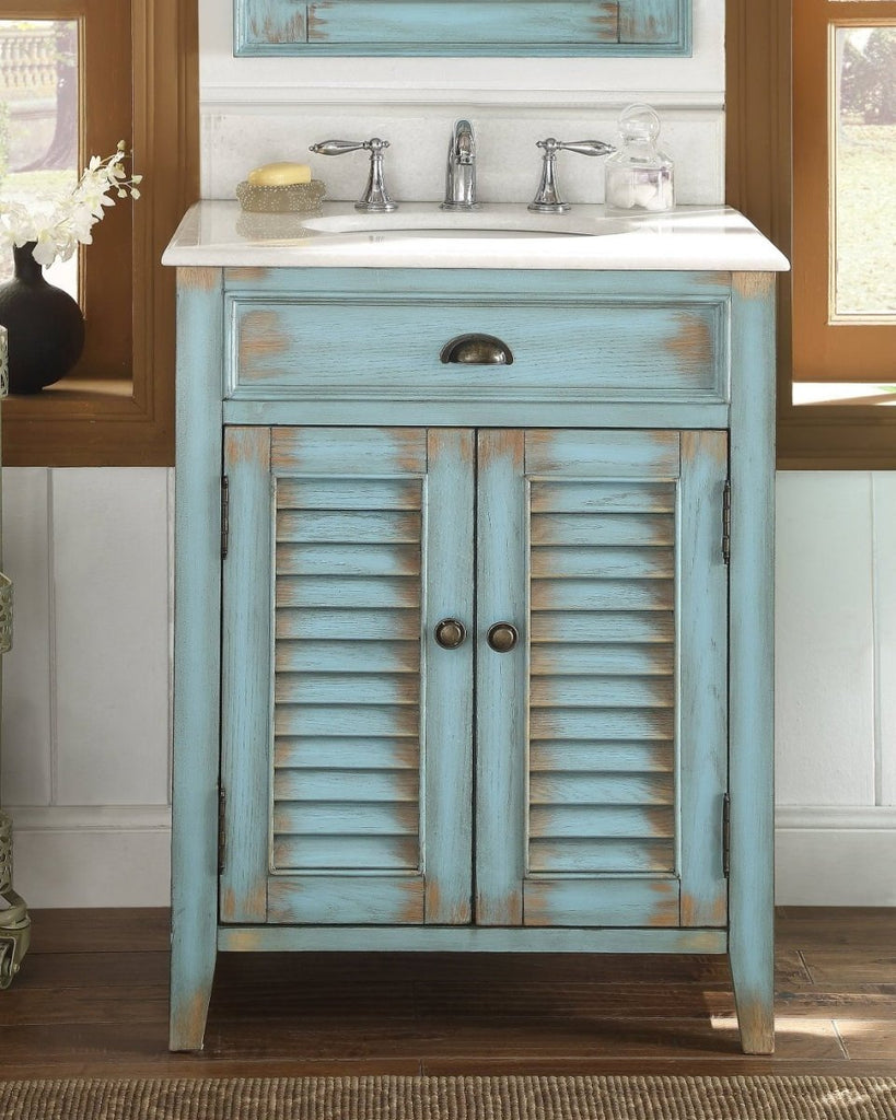 26 Inch Farmhouse Style Distressed Blue Bathroom Vanity With Marble To ...